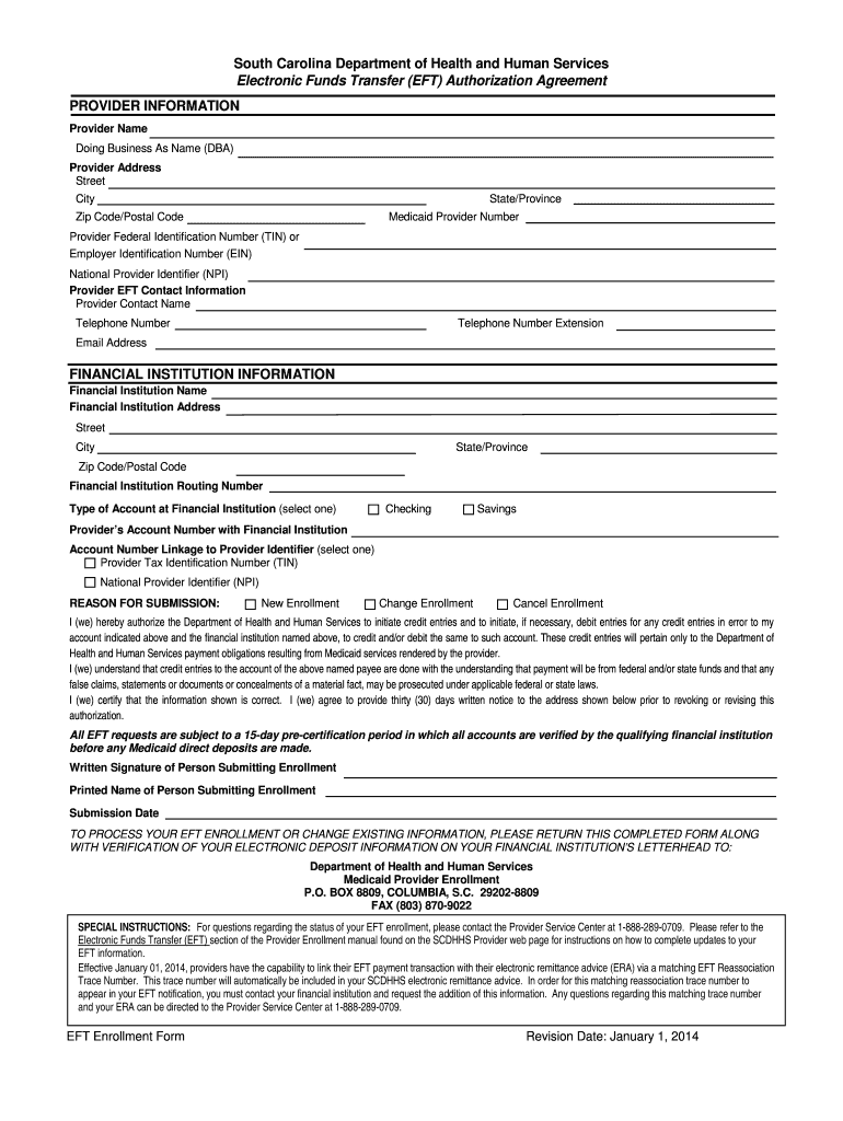 Fillable Online Medicaid - South Carolina - EFT Fax Email Print - pdfFiller