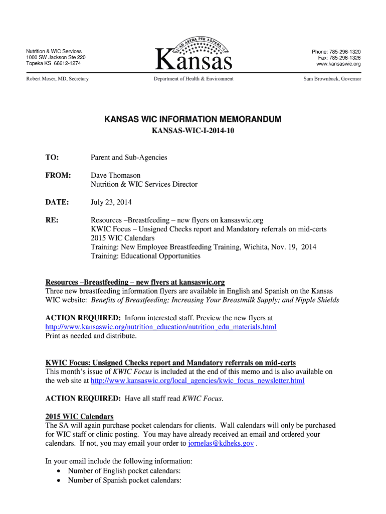 Fillable Online kansaswic KANSAS WIC INFORMATION MEMORANDUM Fax Email ...