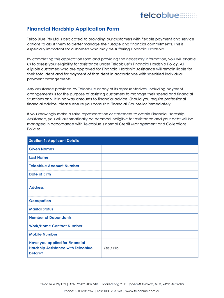 Fillable Online Financial Hardship Application Form - Telcoblue Fax ...