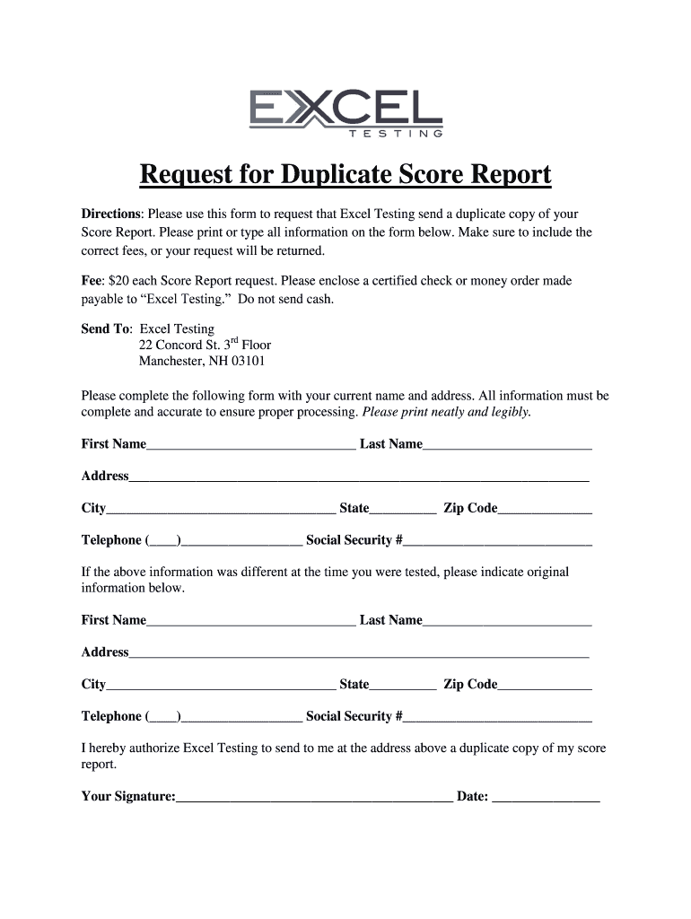 Fillable Online Request for Duplicate Score Report - Excel Testing Fax ...