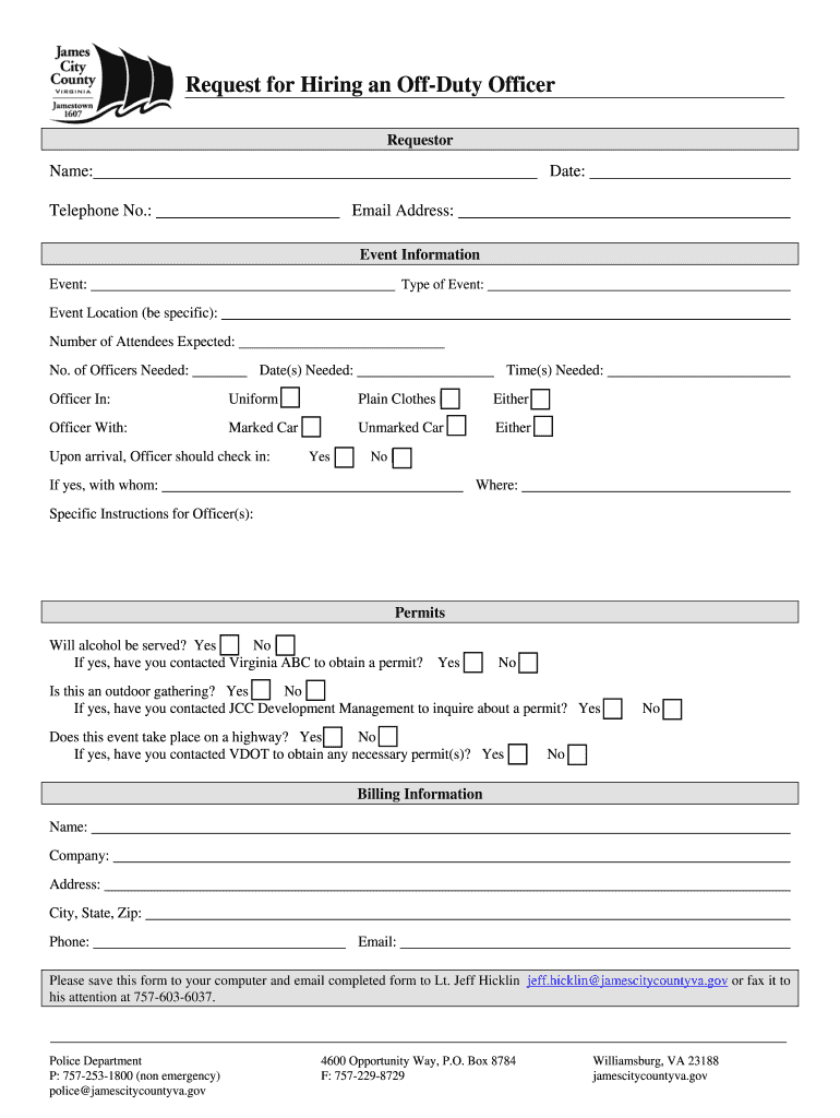 Fillable Online jamescitycountyva Request for Hiring an Off-Duty ...