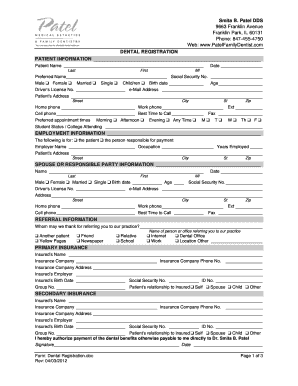 Fillable Online Dental Registration Form - Patel Family Dentistry Fax ...
