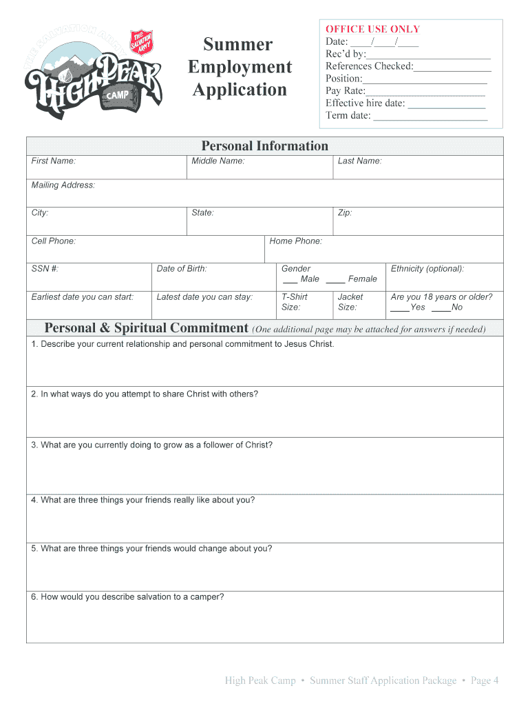 Fillable Online Summer Staff Application Package - High Peak Camp Fax Email Print - pdfFiller