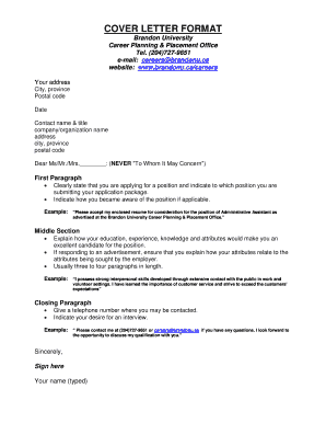 Fillable Online brandonu Sample Cover Letter - Brandon University Fax ...
