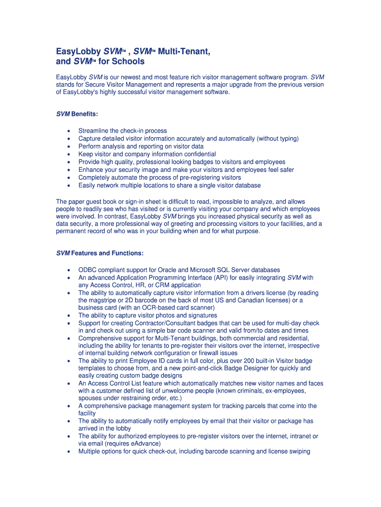 Fillable Online EasyLobby SVM , SVM Multi-Tenant, Fax Email Print ...