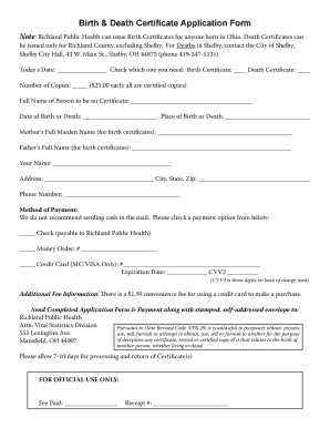 Fillable Online Birth & Death Certificate Application Form - Richland ...