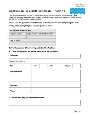 Fillable Online eastsussex gov Application for a birth certificate Form 18 - East Sussex County ...