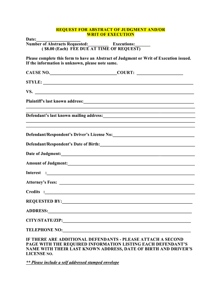 Fillable Online mctx REQUEST FOR ABSTRACT OF JUDGMENT AND/OR WRIT OF ... - mctx Fax Email Print ...