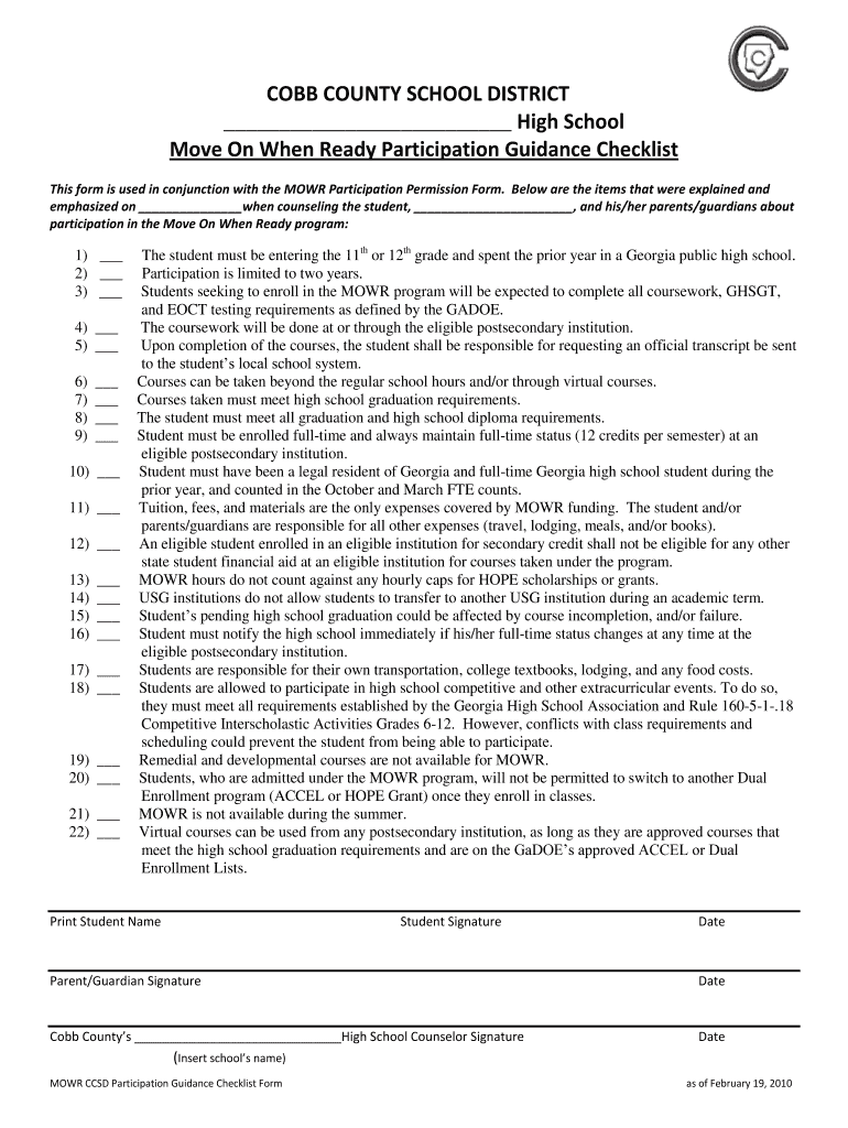 Fillable Online cobbk12 High School Move On When Ready Participation Guidance Checklist ...
