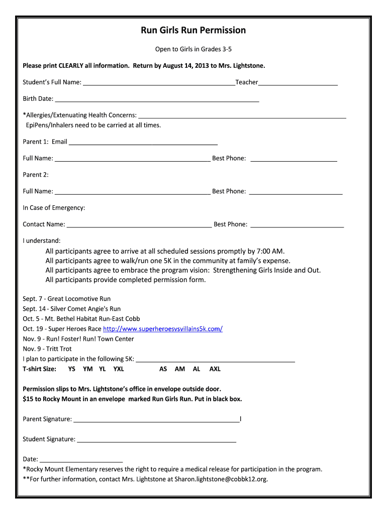 Fillable Online cobbk12 Run Girls Run Permission - cobbk12 Fax Email Print - pdfFiller