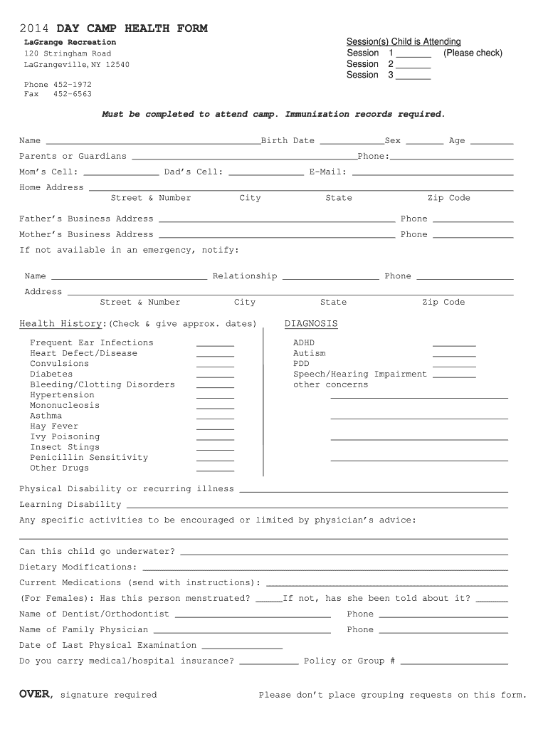Fillable Online 2014 DAY CAMP HEALTH FORM Fax Email Print - pdfFiller