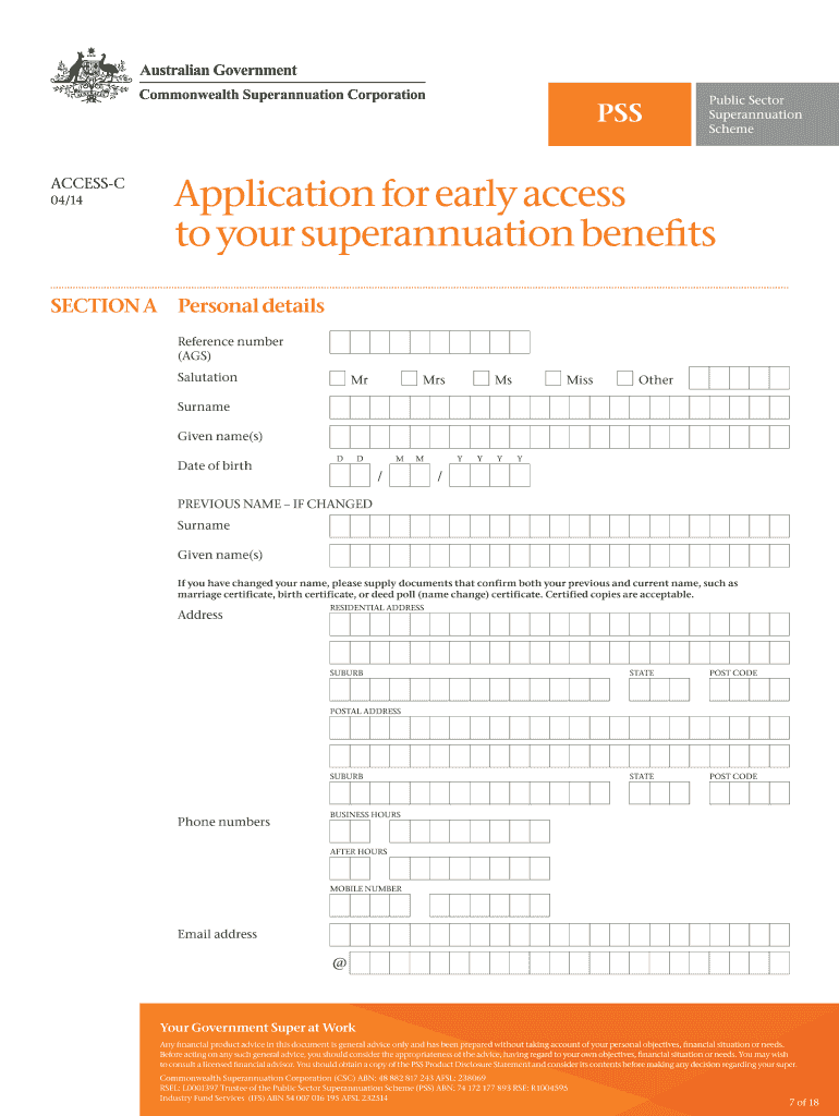 Fillable Online pss gov Early access to superannuation benefits application form. Early access ...