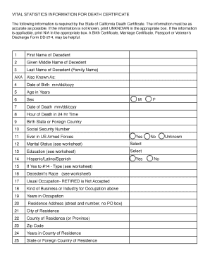 Fillable Online VITAL STATISTICS INFORMATION FOR DEATH CERTIFICATE The ...