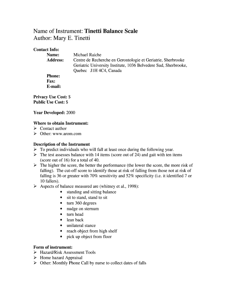 Fillable Online Name of Instrument: Tinetti Balance Scale Fax Email ...