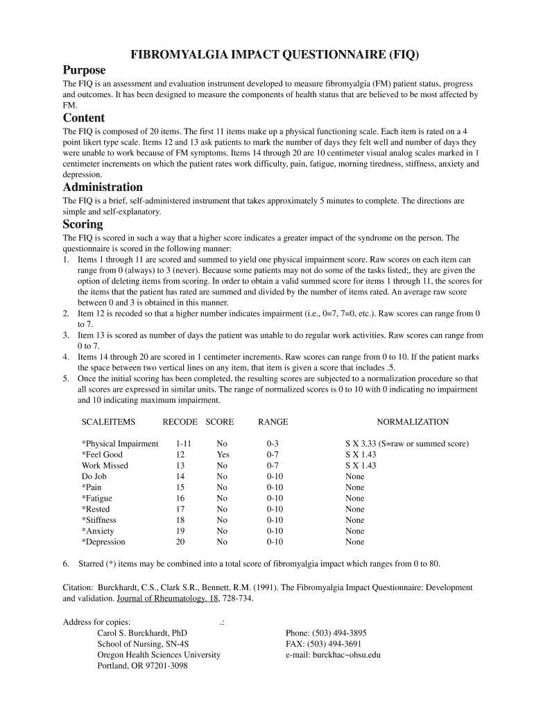 Fillable Online BFIBROMYALGIAb IMPACT QUESTIONNAIRE FIQ Purpose Content ...