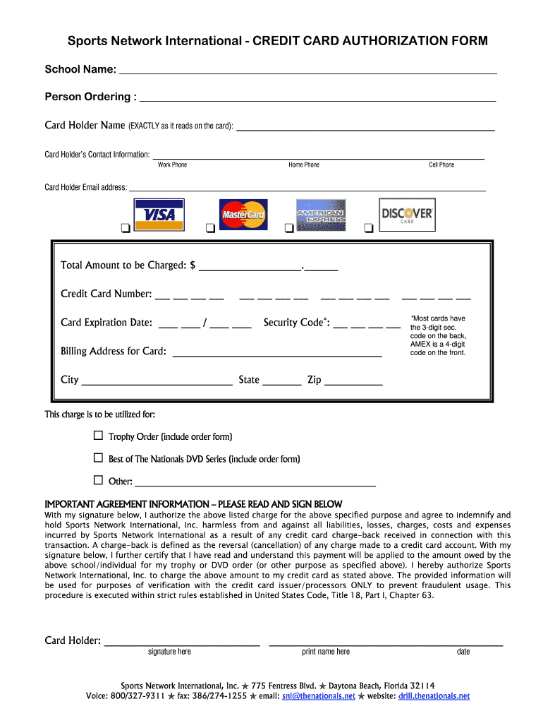Fillable Online CREDIT CARD AUTHORIZATION FORM - Sports Network ... Fax ...