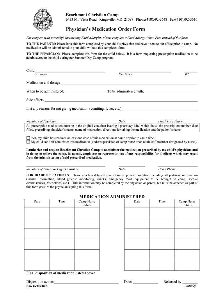 Fillable Online beachmont Physician's Medication Order Form - Beachmont ...