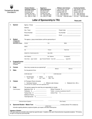 Fillable Online tru Letter of Sponsorship to TRU - Thompson Rivers ...