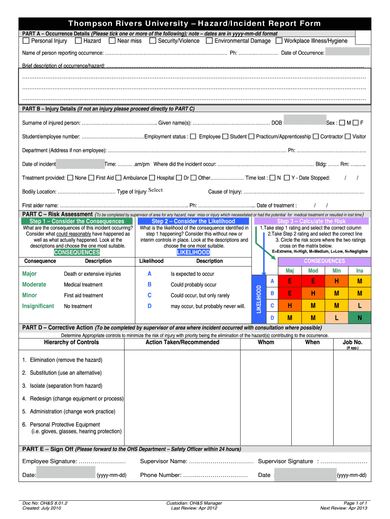 Fillable Online tru Hazard/Incident Report Form - Thompson Rivers ...
