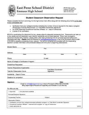 Fillable Online eastpennsd Student Classroom Observation Form2012 ...