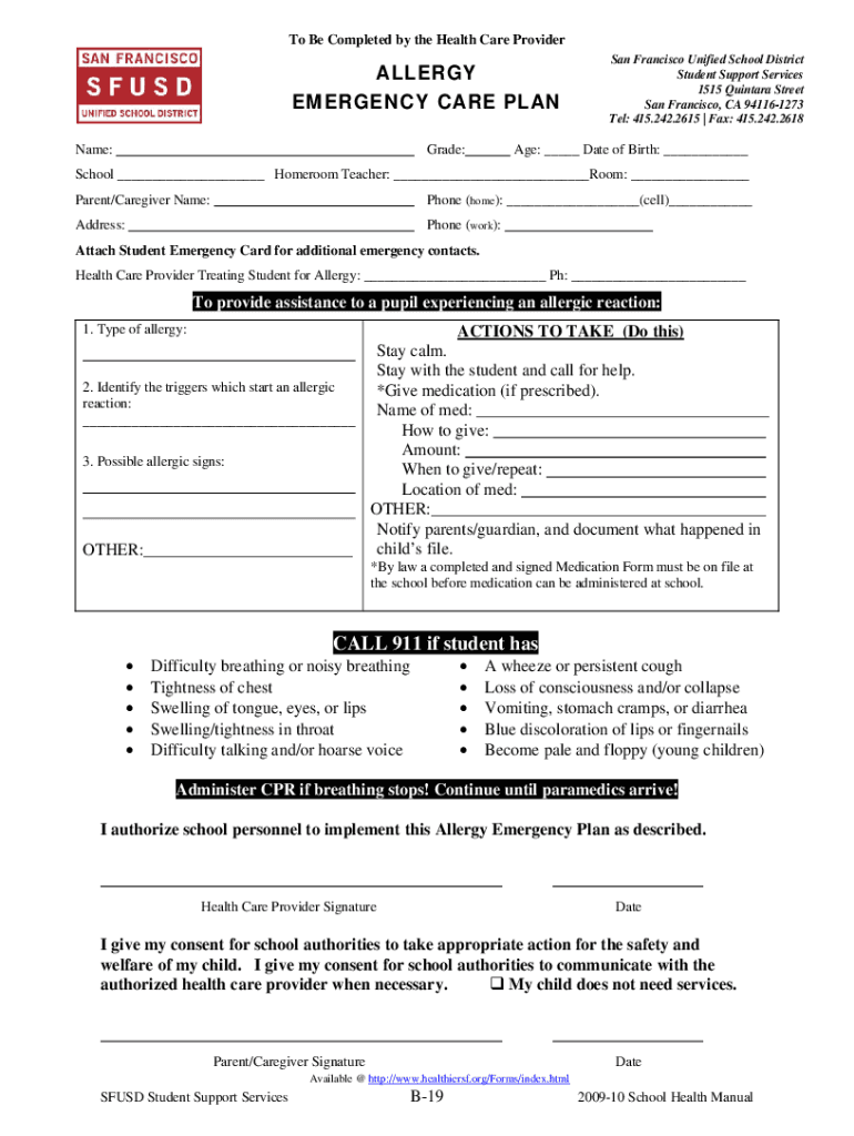 Fillable Online Allergy EmergencyCare Plan - Student, Family and ...