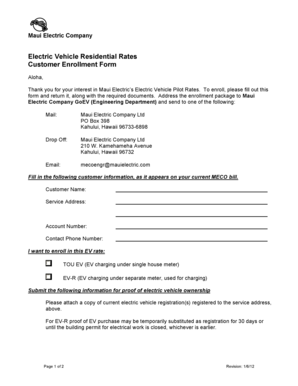 Fillable Online Electric Vehicle Residential Rates Customer Enrollment ...