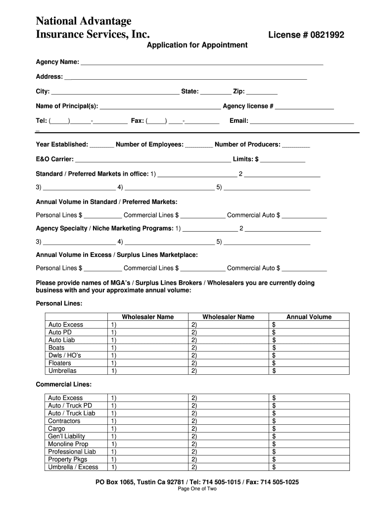 Fillable Online Appointment Application - National Advantage Insurance ...