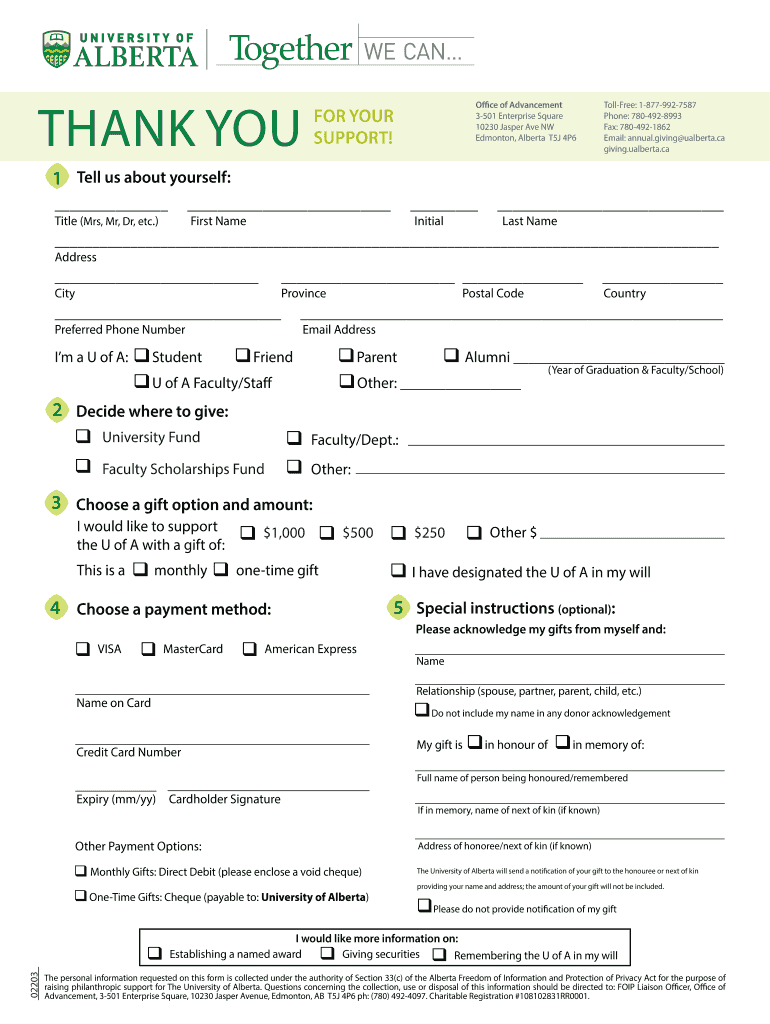 Fillable Online giving ualberta Printable Pledge Form - Giving - University of Alberta - giving ...