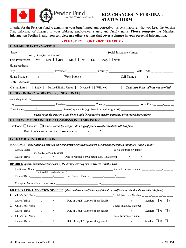 Fillable Online ca pensionfund RCA CHANGES IN PERSONAL STATUS FORM ...