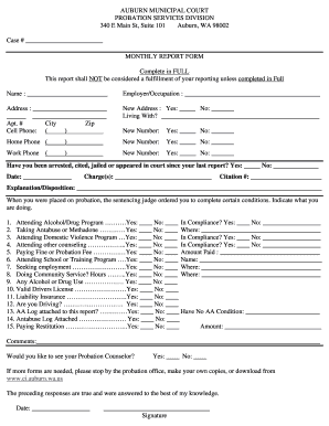 Fillable Online auburnwa Probation monthly report1 - Auburn, WA ...