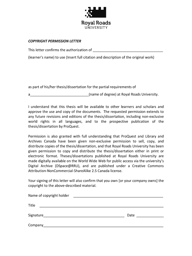 Fillable Online library royalroads RRU Copyright Permission Letter ...