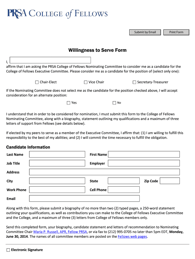 Fillable Online prsa Willingness to Serve Form Fax Email Print - pdfFiller