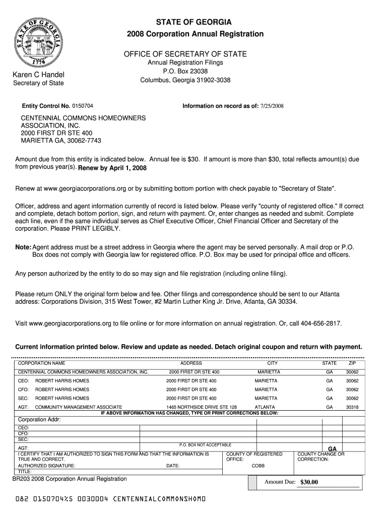 Fillable Online centennialcommonshoa STATE OF GEORGIA 2008 Corporation ...