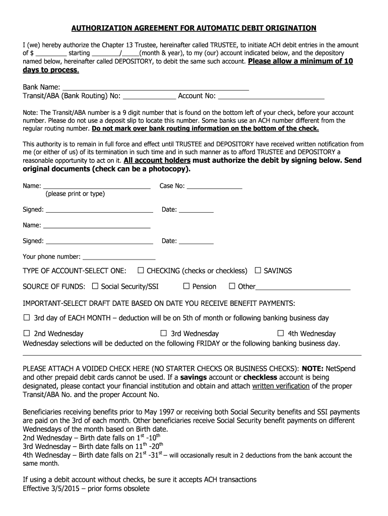 Fillable Online AUTHORIZATION AGREEMENT FOR AUTOMATIC DEBIT ORIGINATION ...