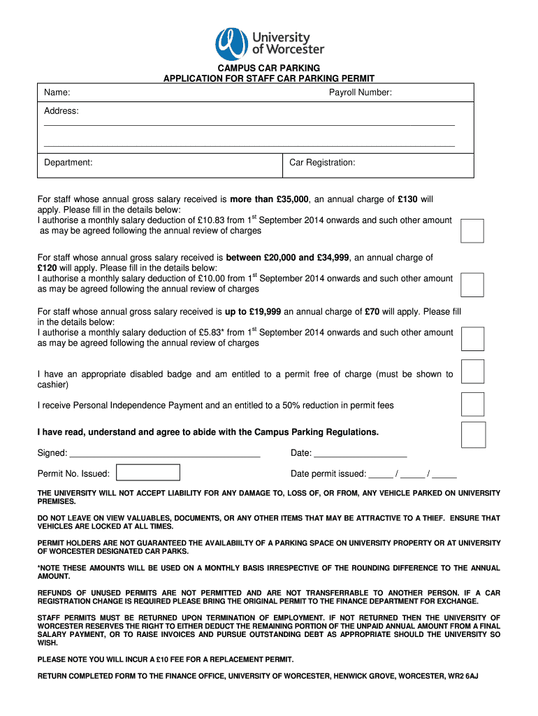 Fillable Online worc ac CAMPUS CAR bPARKINGb APPLICATION FOR STAFF CAR ...