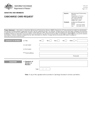 Fillable Online Form 137: Cabcharge Card Request - Ministerial and ...