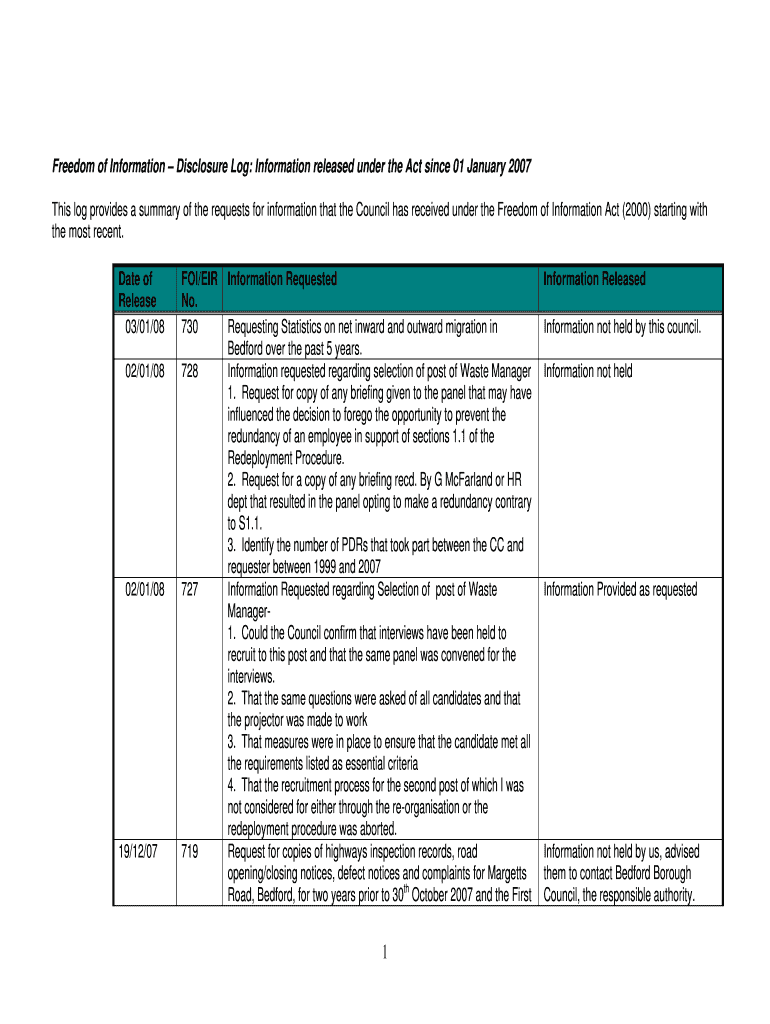 Fillable Online bedfordshire gov Freedom of Information Disclosure Log ...