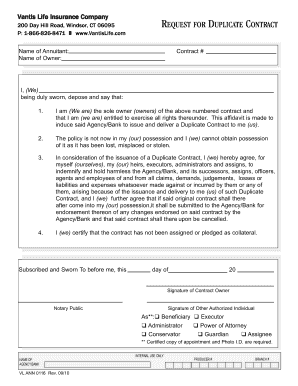 Fillable Online Request for Duplicate Contract Form - Vantis Life Insurance Company Fax Email ...
