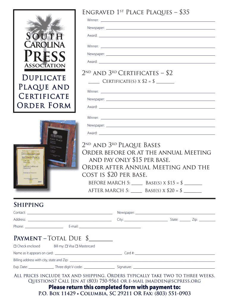 Fillable Online scpress Duplicate Plaque and Certificate Order Form ...