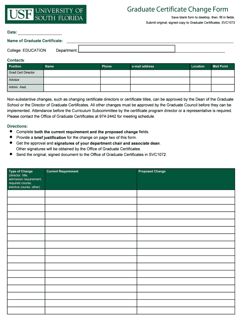 Fillable Online coedu usf Graduate Certificate Change Form - University ...
