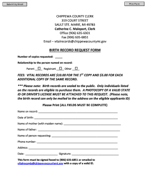 Fillable Online chippewacountymi BIRTH RECORD REQUEST FORM - Chippewa ...