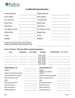 Fillable Online Confidential Questionnaire - Fulton Financial Planning ...