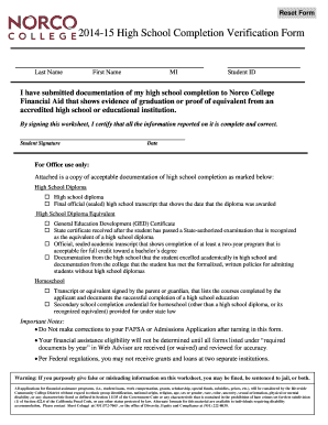 Fillable Online norcocollege 2014-15 High School Completion ...