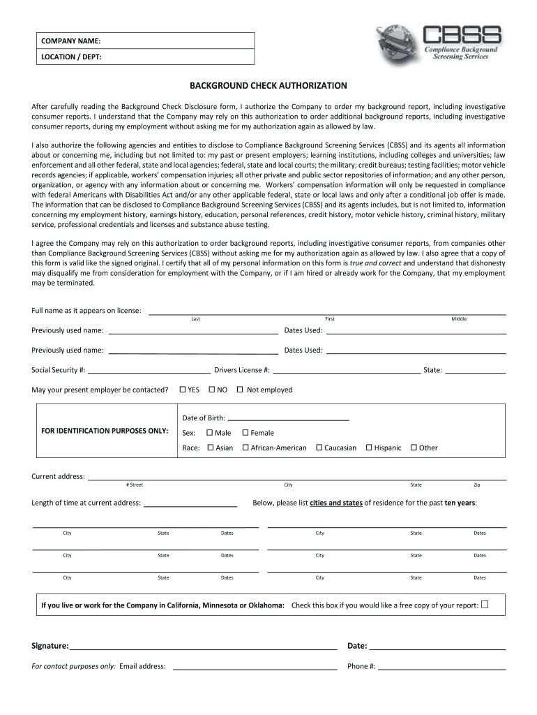 Fillable Online BACKGROUND CHECK AUTHORIZATION - Compliance ... Fax ...