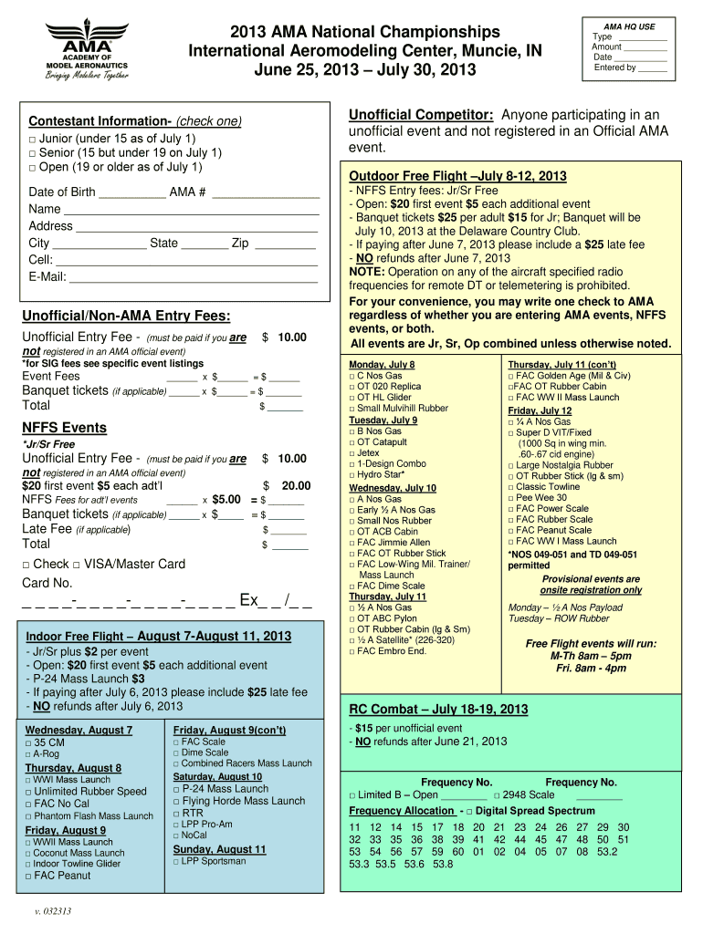 Fillable Online modelaircraft 2013 AMA National Championships AMA HQ USE International ... Fax ...