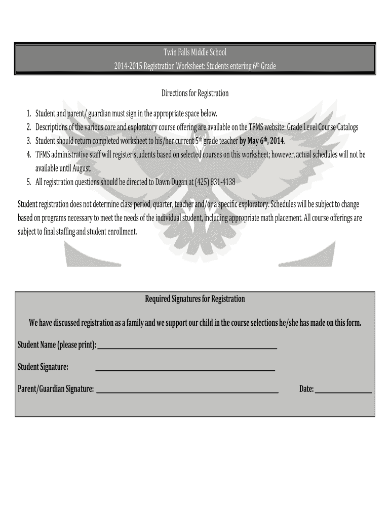 Fillable Online svsd410 Registration Worksheet 6th - svsd410 Fax Email ...