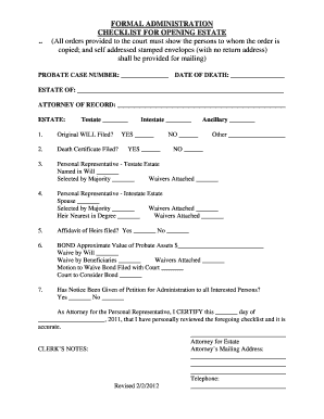 Fillable Online FORMAL ADMINISTRATION CHECKLIST FOR OPENING ESTATE All ...