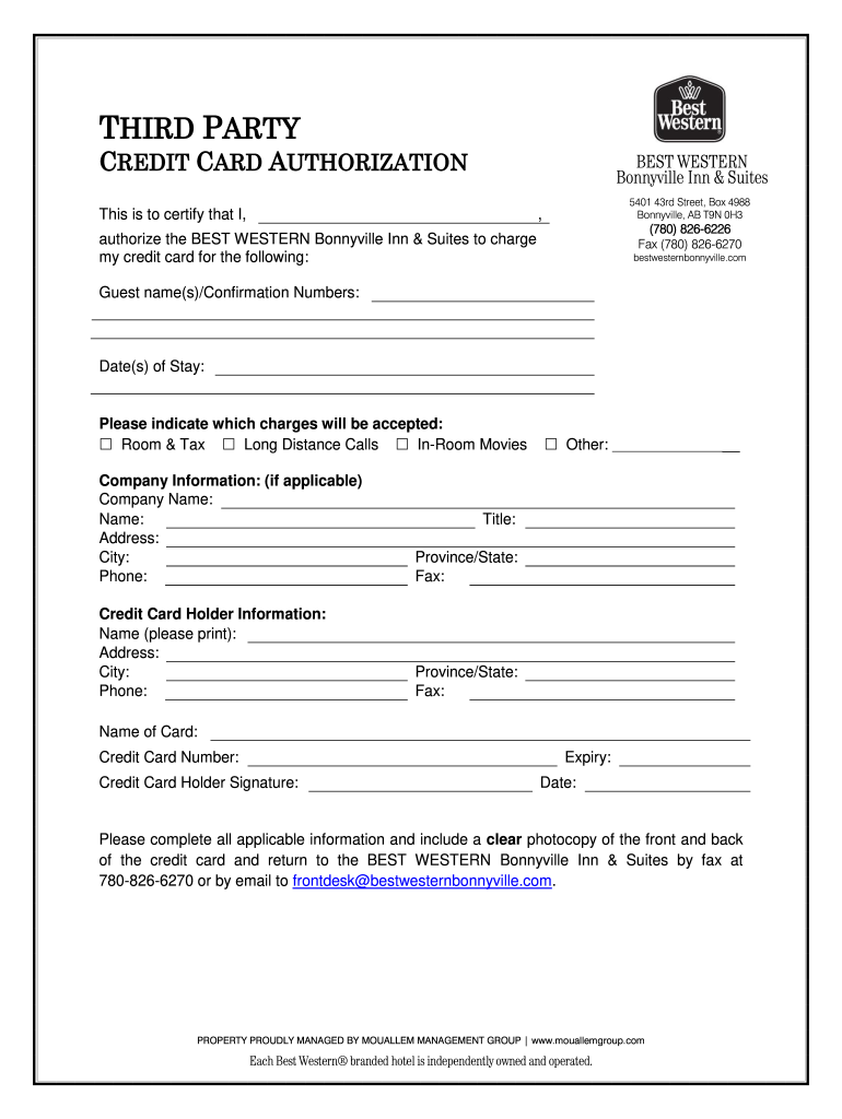 Best Western Third Party Credit Card Authorization Fill And Sign 