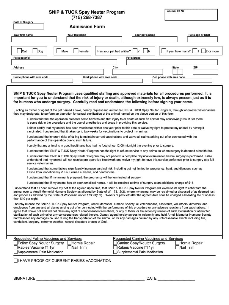 Fillable Online arnellhumane SNIP & TUCK Spay Neuter Program (715) 268 ...