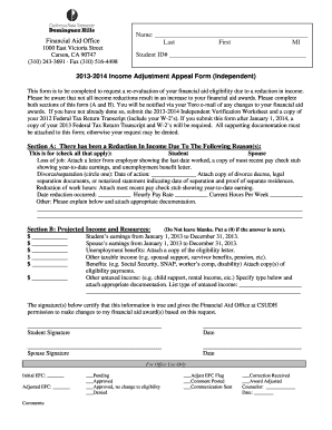 Fillable Online 2013-2014 Income Adjustment Appeal Form (Independent ...